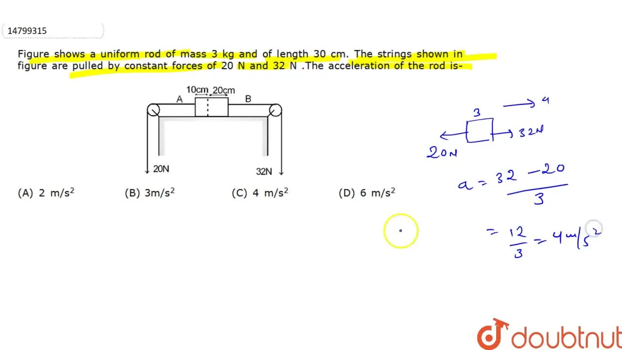 Figure shows a uniform rod of mass 3 kg and of length 30 cm. The strin