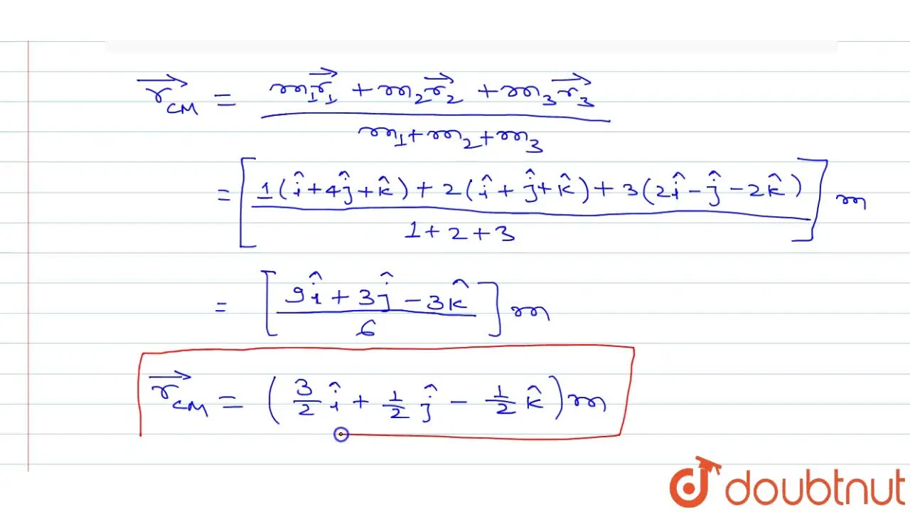 The position vector of three particles of masses m1=1kg. m2=2kg and