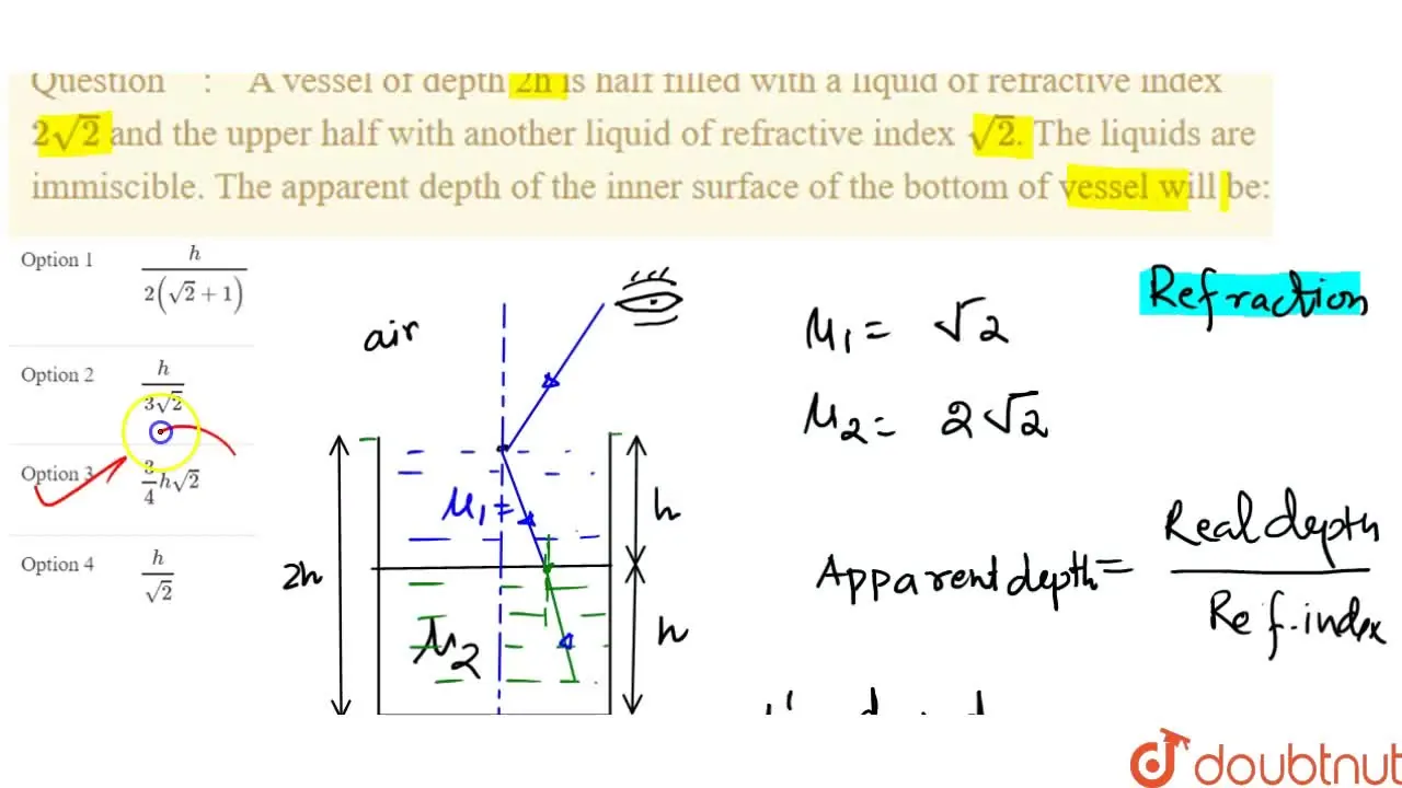 A vessel of depth 2h is half filled with a liquid of refractive index
