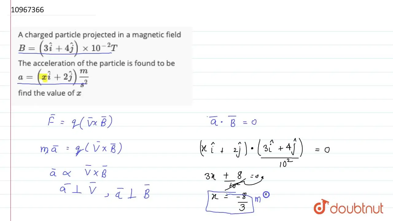 A charged particle projected in a magnetic field B=(3hati+4hatj)xx10