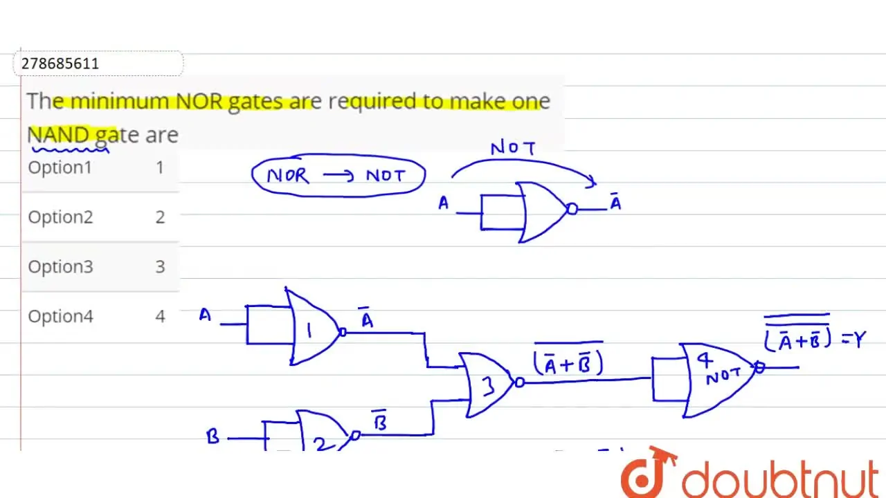 The minimum NOR gates are required to make one NAND gate are