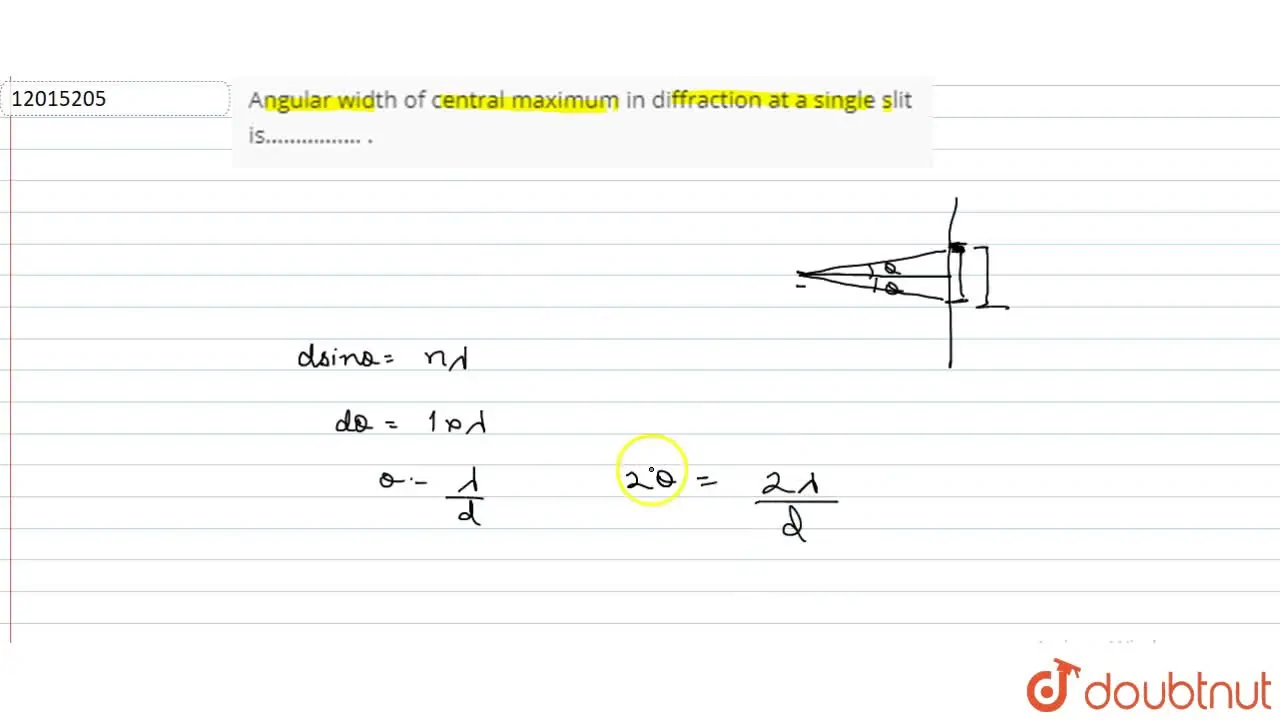 Angular width of central maximum in diffraction at a single slit is………