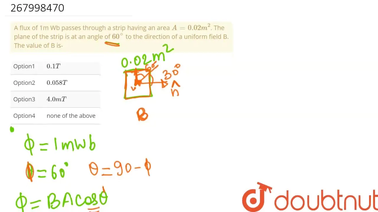 A flux of 1m Wb passes through a strip having an area A=0.02 m^(2). Th