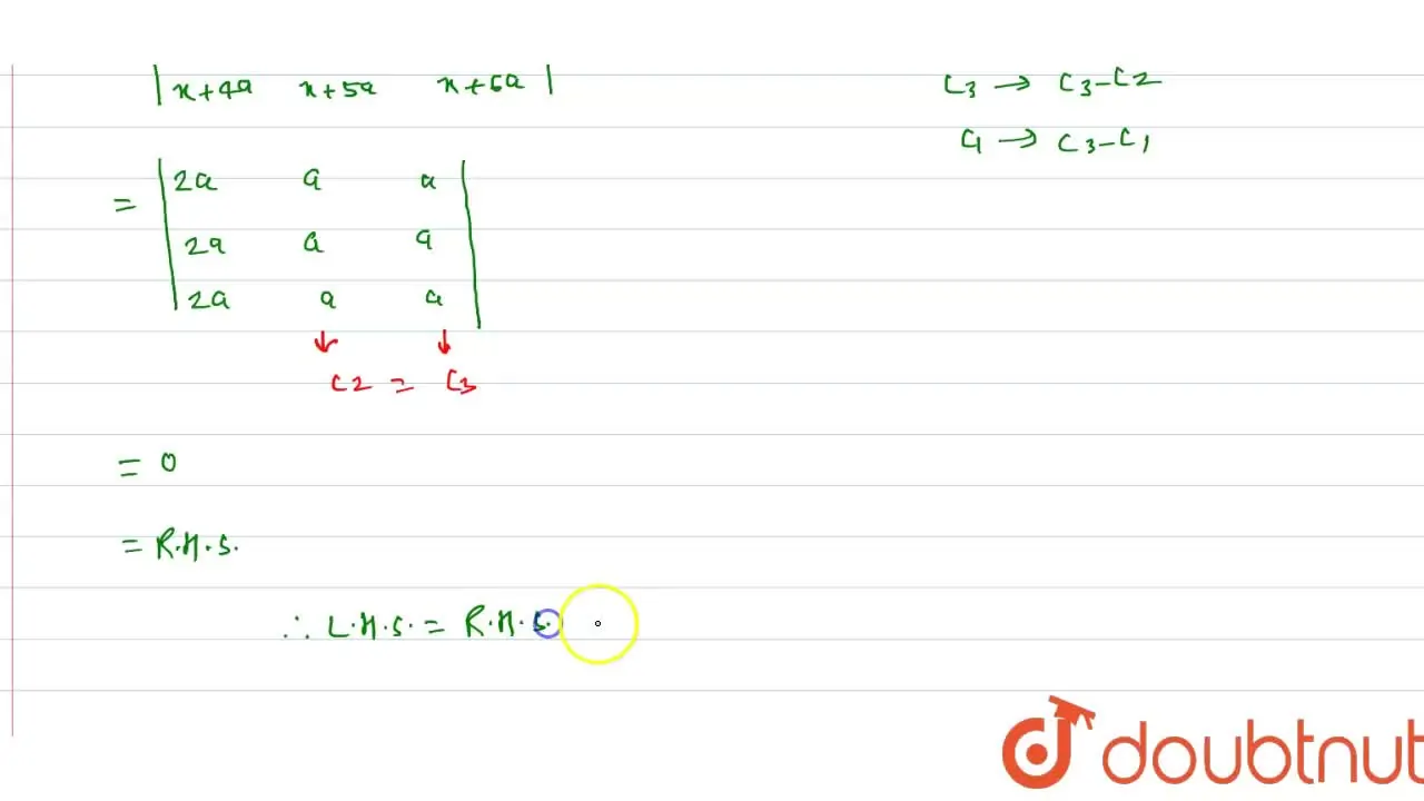 सिद्ध कीजिए कि - |(x+a,x+2a,x+3a),(x+2a,x+3a,x+4a),(x+4a,x+5a,x+6a)|
