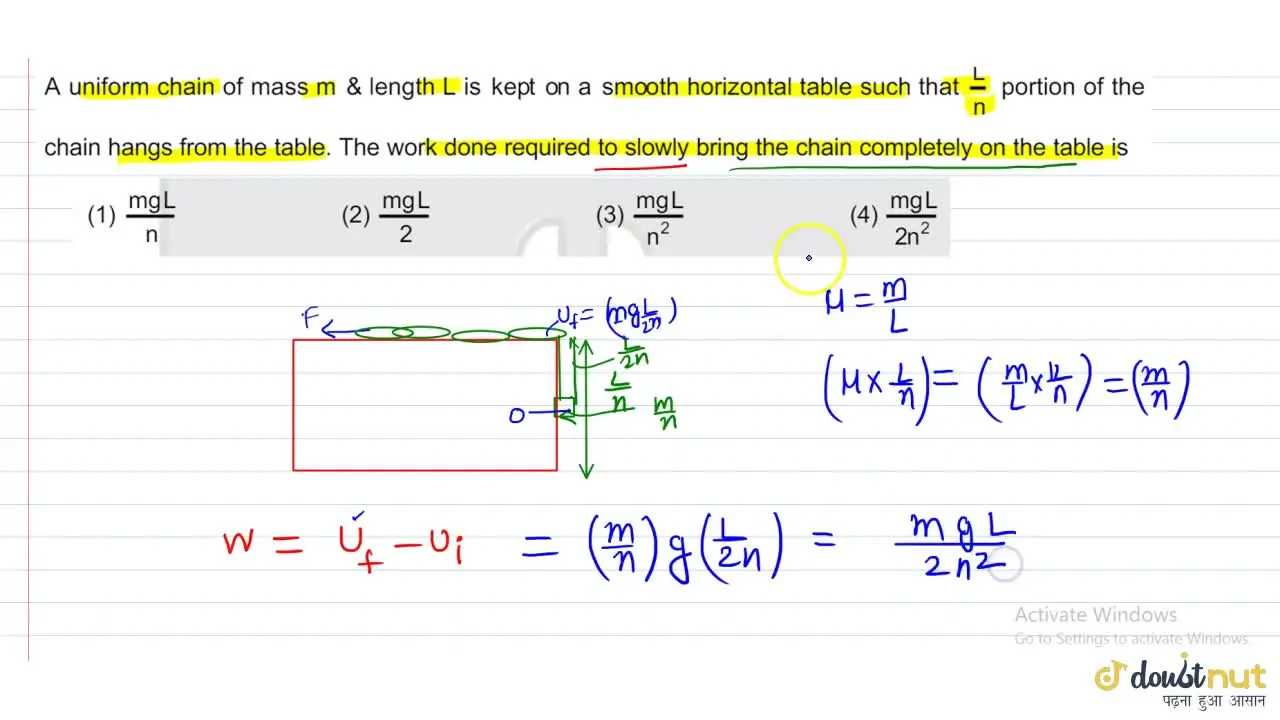 A uniform chain of mass m & length L is kept on a smooth horizontal ta