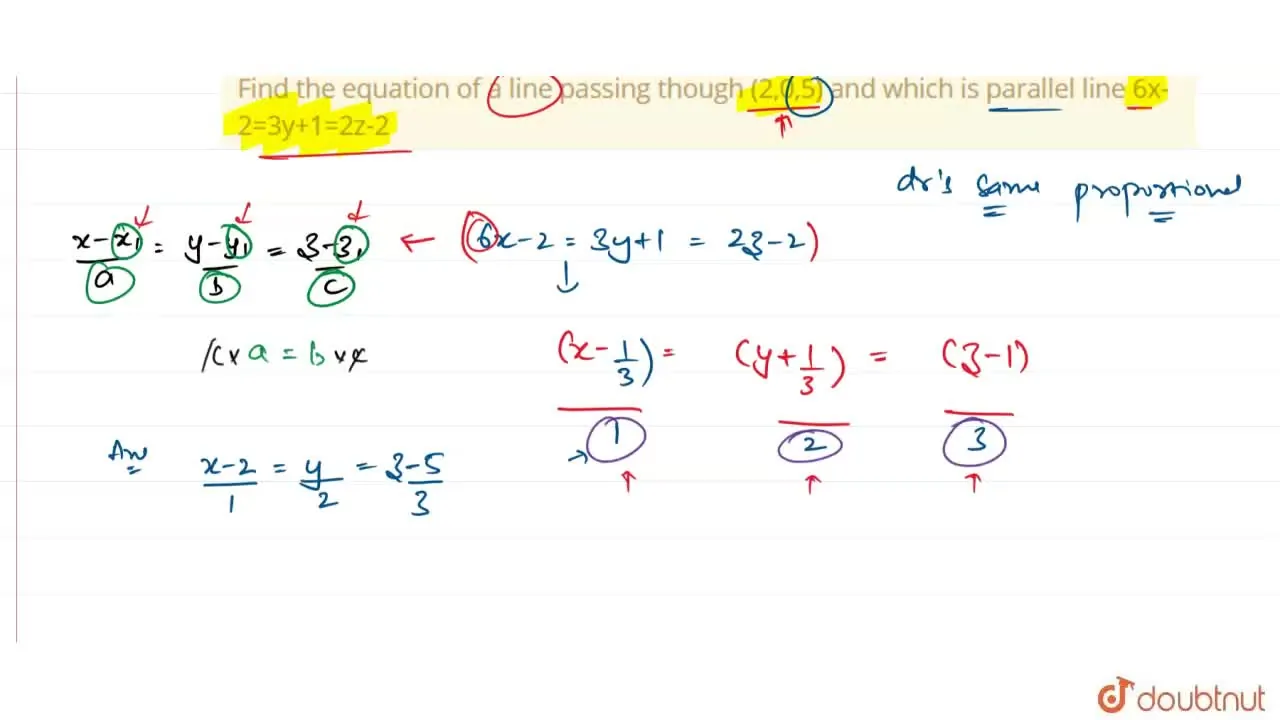 Find the equation of a line passing though (2,0,5) and which is parall