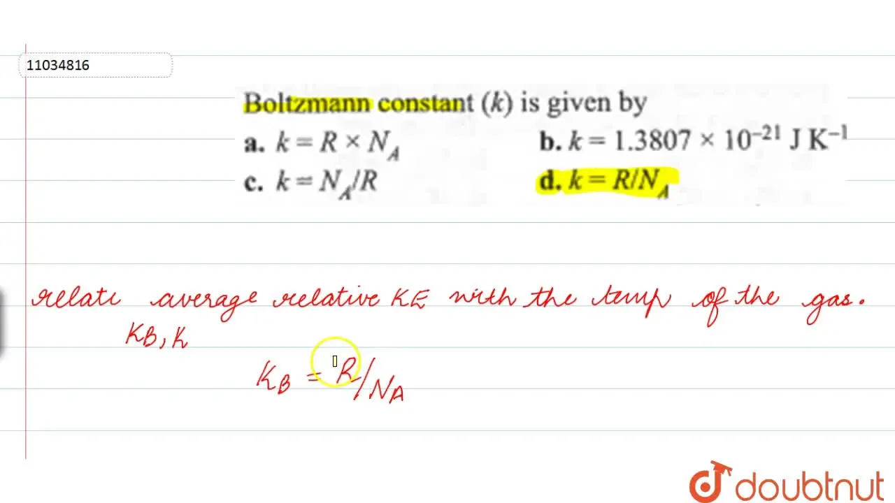 Boltzmann constant (k) is given by