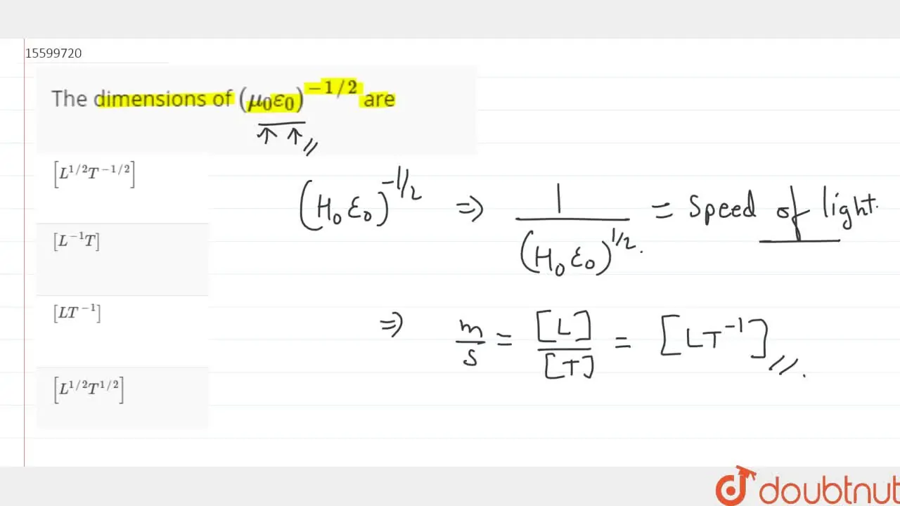 The dimensions of (mu(0)epsilon(0))^(-1//2) are