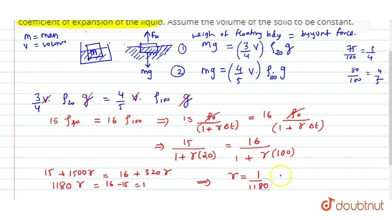 A solid floats in a liquid at 20^@C with 75 % of it immersed. When the