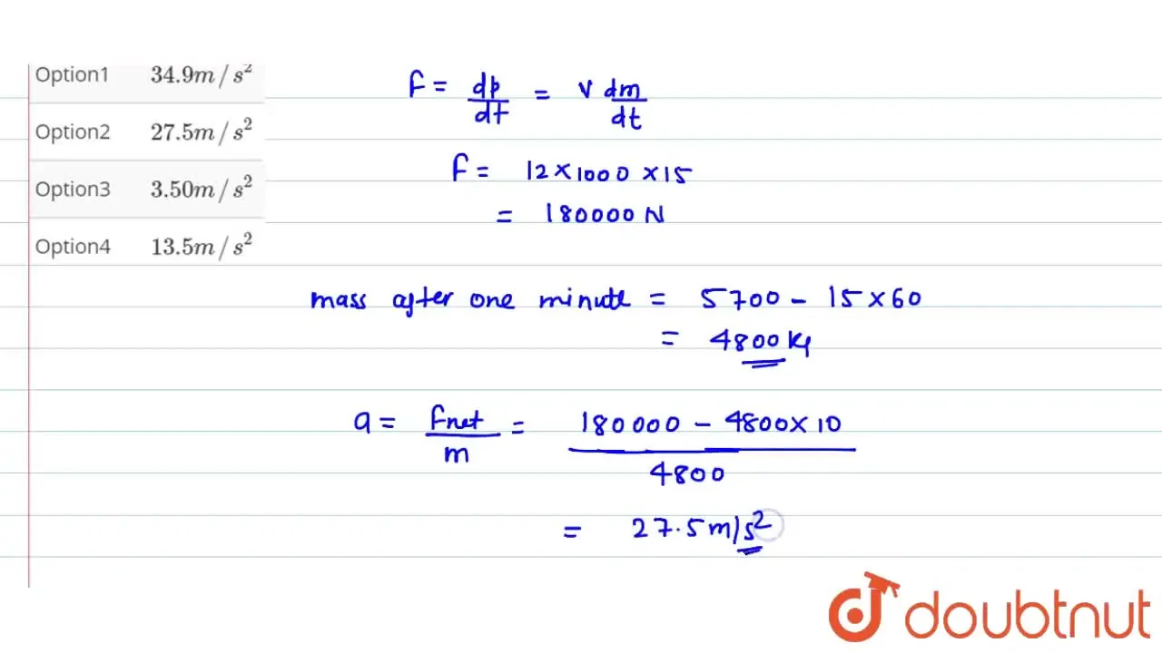 A rocket of mass 5700 kg ejects mass at a constant rate of 15 kg/s w