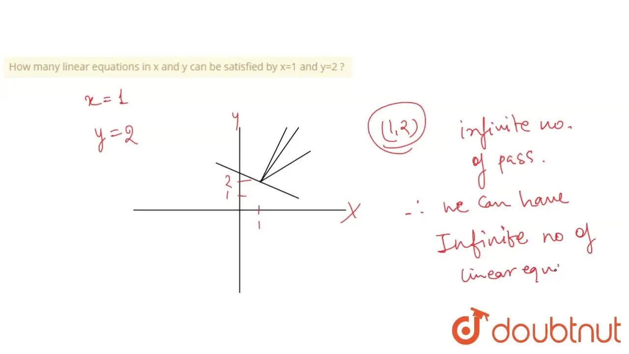 How many linear equations in x and y can be satisfied by x=1 and y=2