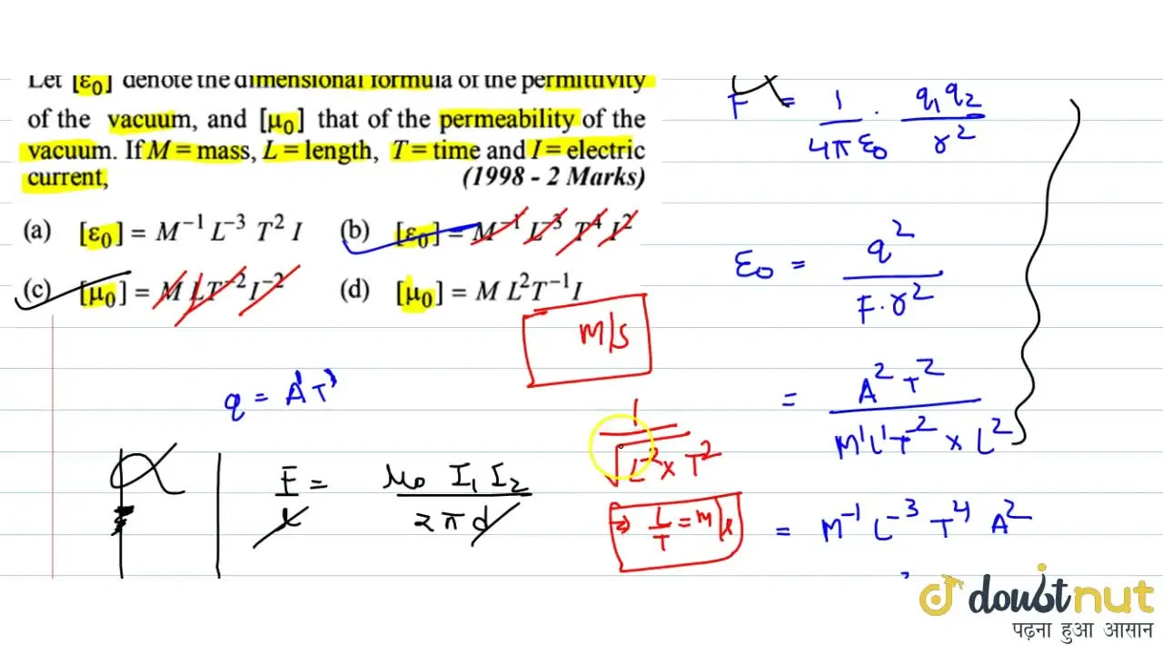 Let [epsilon(0)] denote the dimensional formula of the permittivity of