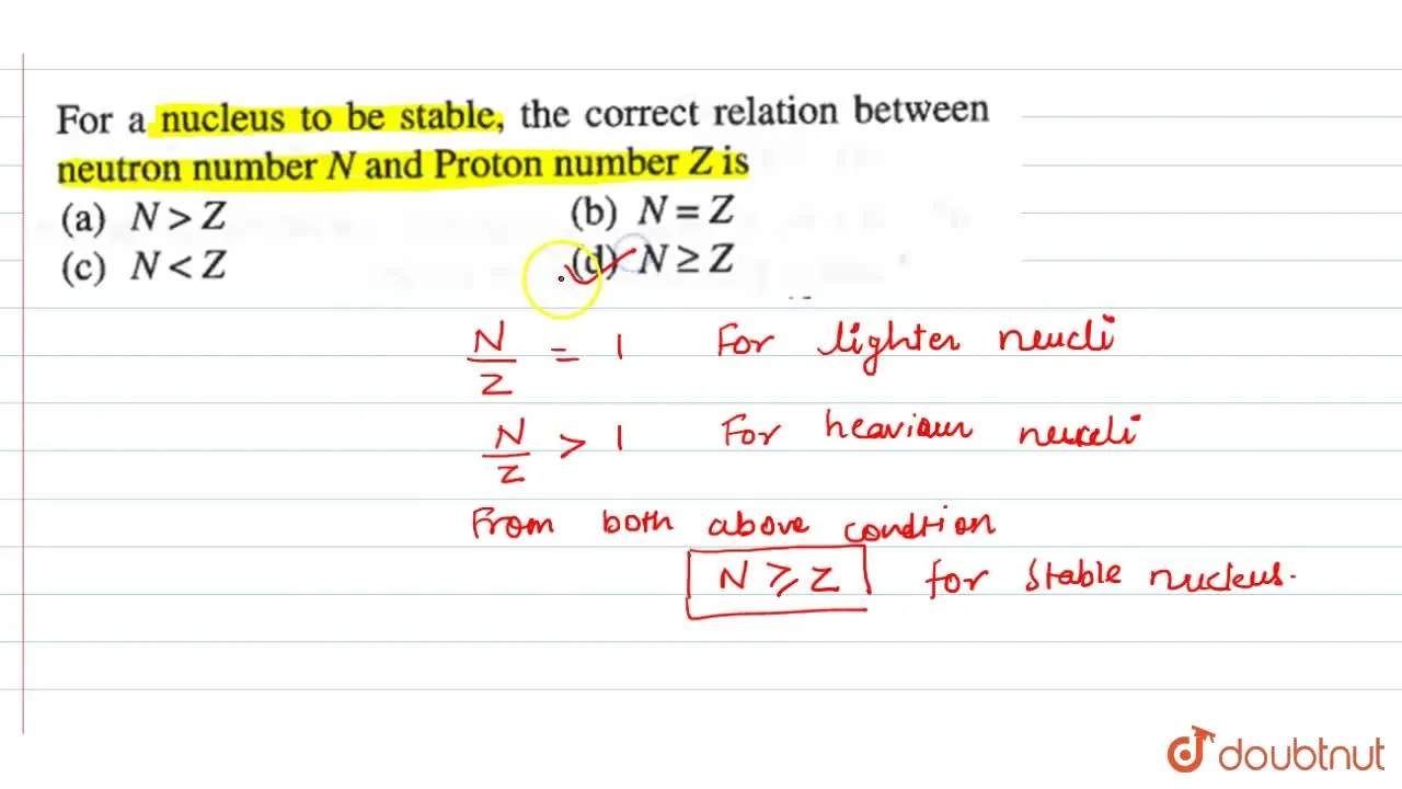 For a nucleus to be stable, the correct relation between neutron numbe