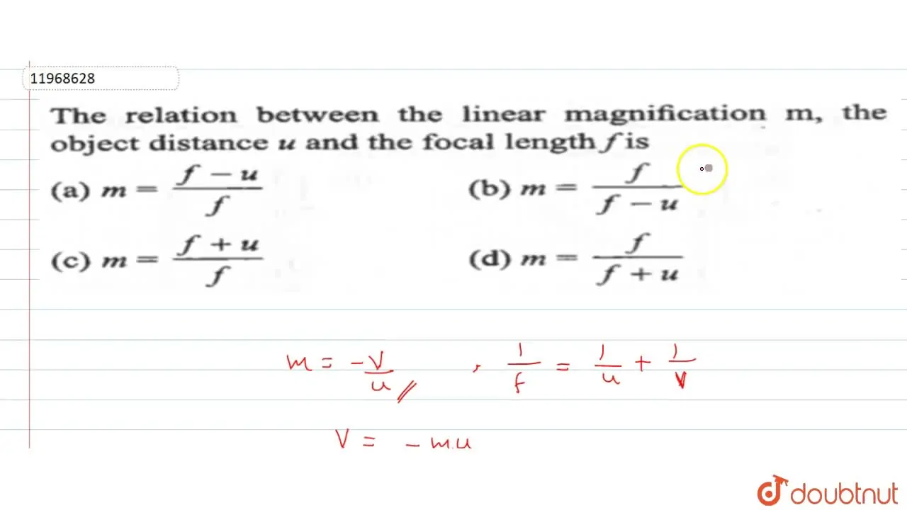 The relation between the linear magnification m, the object distance u