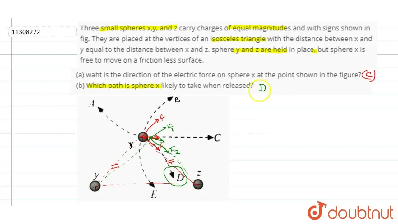Three small spheres x,y, and z carry charges of equal magnitudes and w