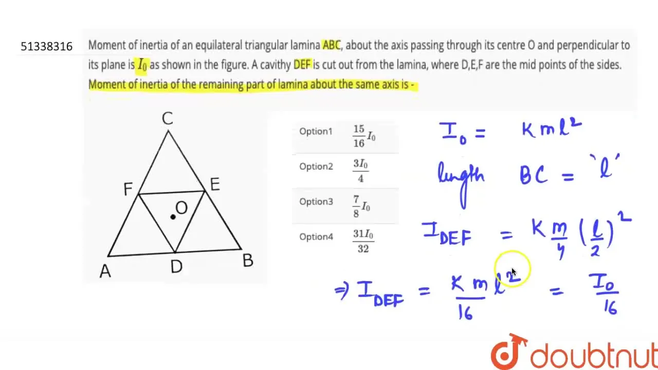 Moment of inertia of an equilateral triangular lamina ABC, about the a