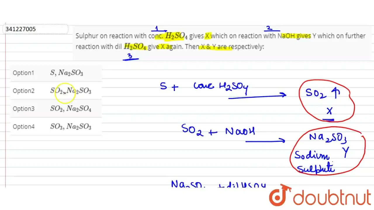 Sulphur on reaction with conc. H2SO4 gives X which on reaction with Na