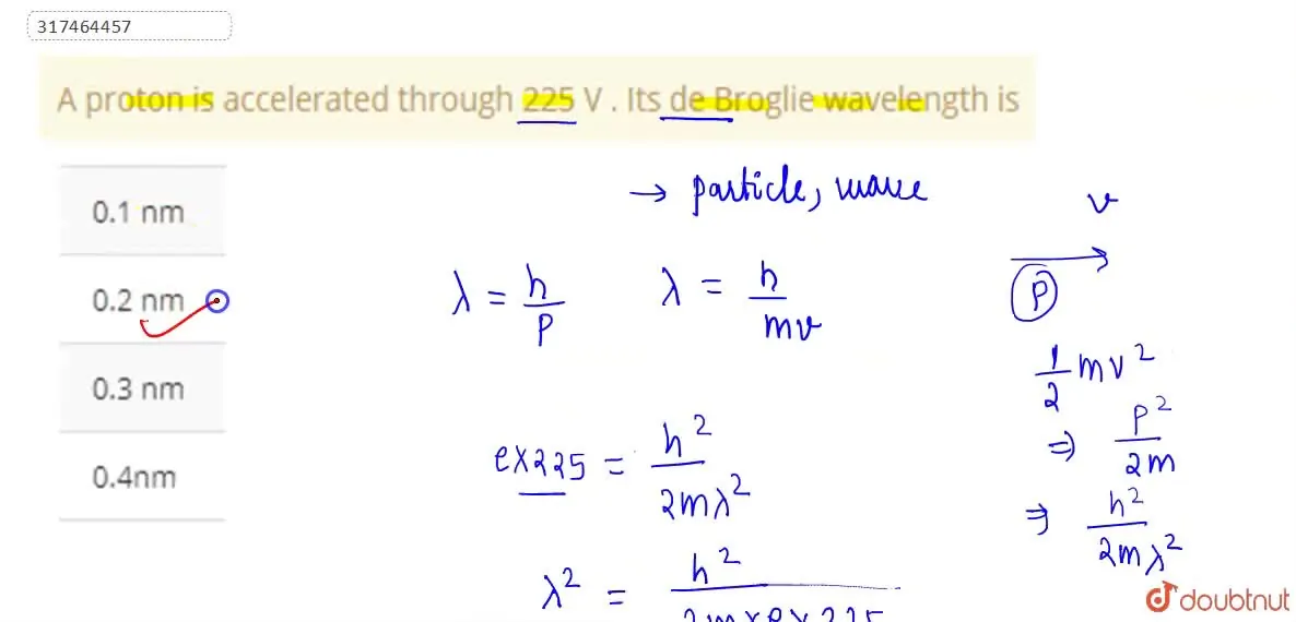 A proton is accelerated through 225 V . Its de Broglie wavelength is