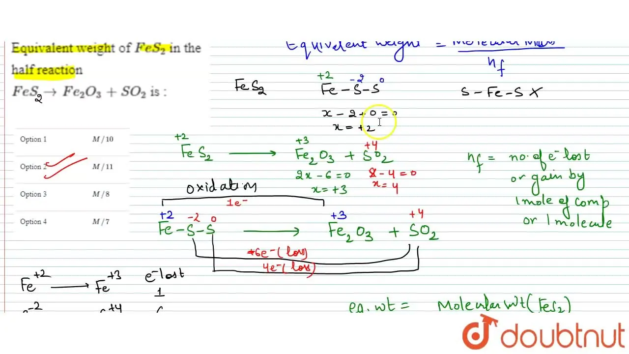 Equivalent weight of FeS(2) in the half reaction FeS rarr Fe(2)O(3)