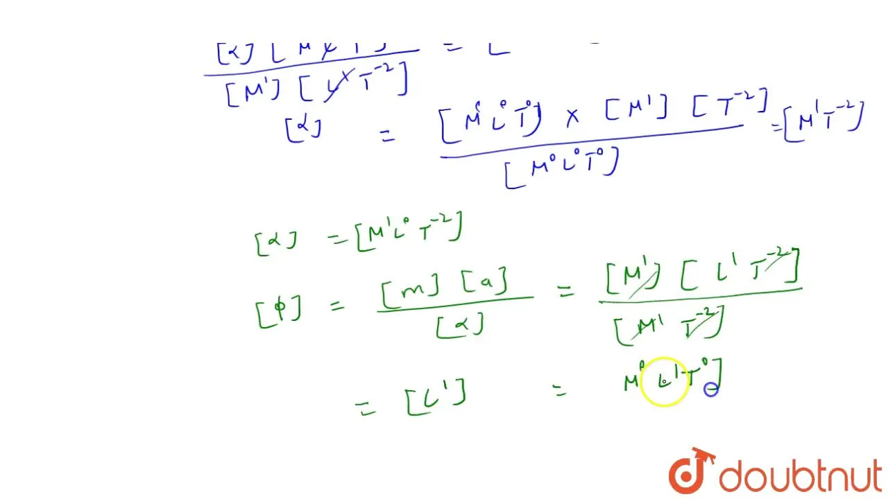 Dimensions of an unknown quantity ,phi = (ma)/(alpha) log (1 +(alpha l