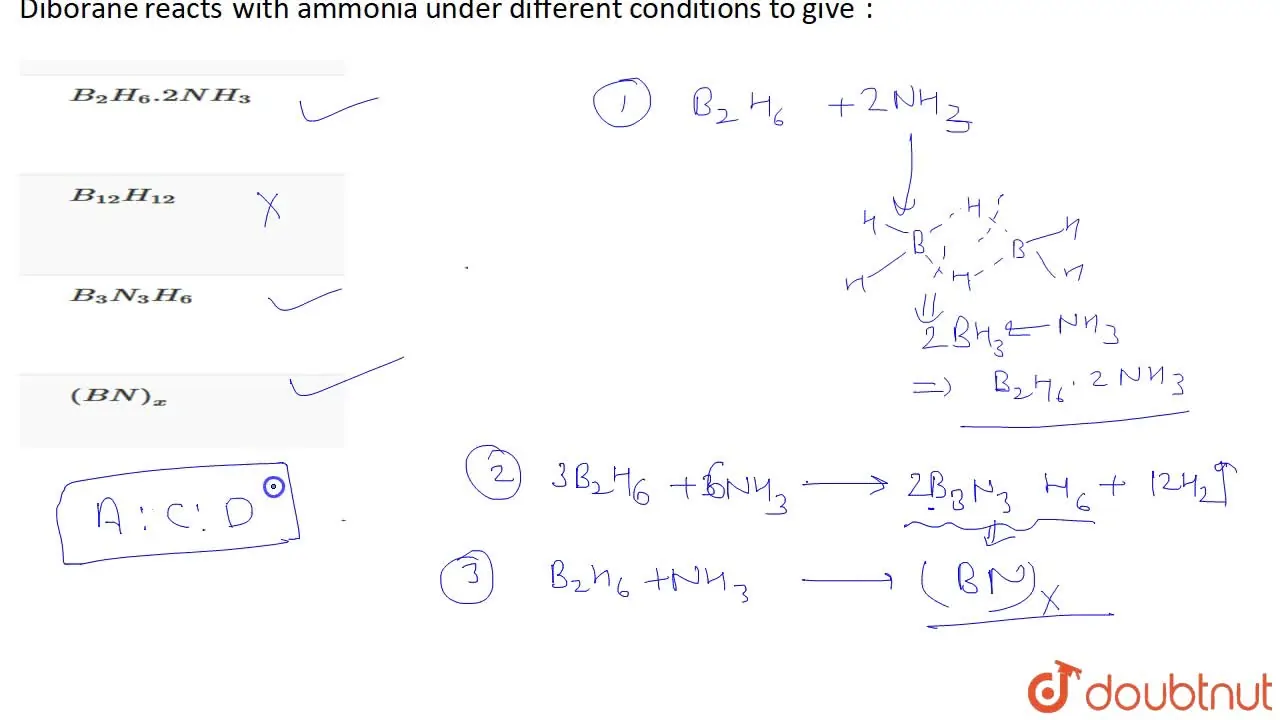 Diborane reacts with ammonia under different conditions to give