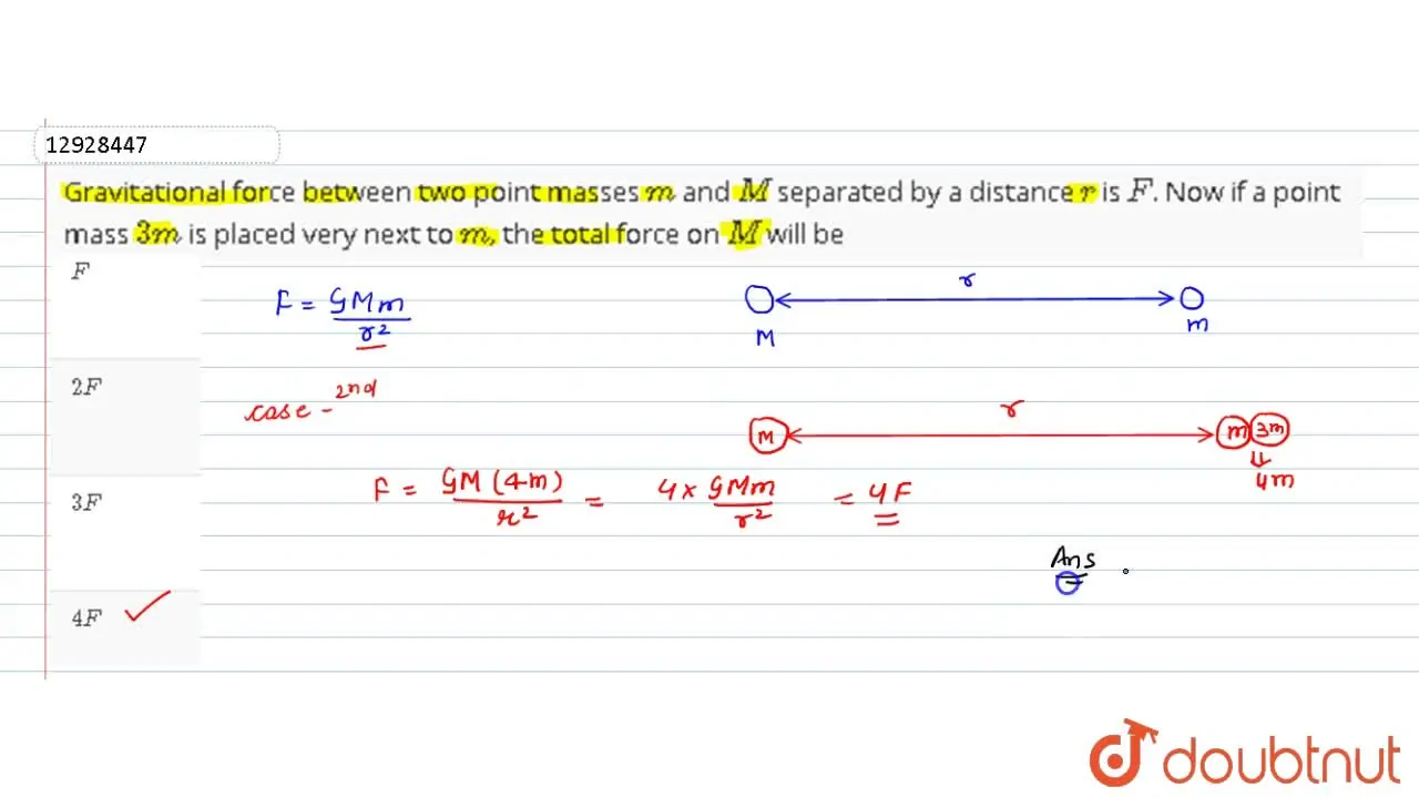 Gravitational force between two point masses m and M separated by a di