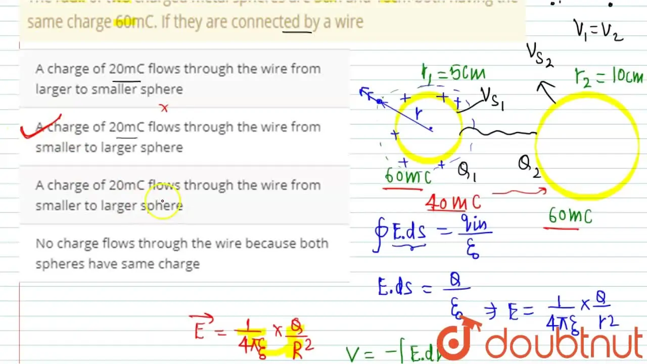 A charge of 20mC flows through the wire from smaller to larger sphere