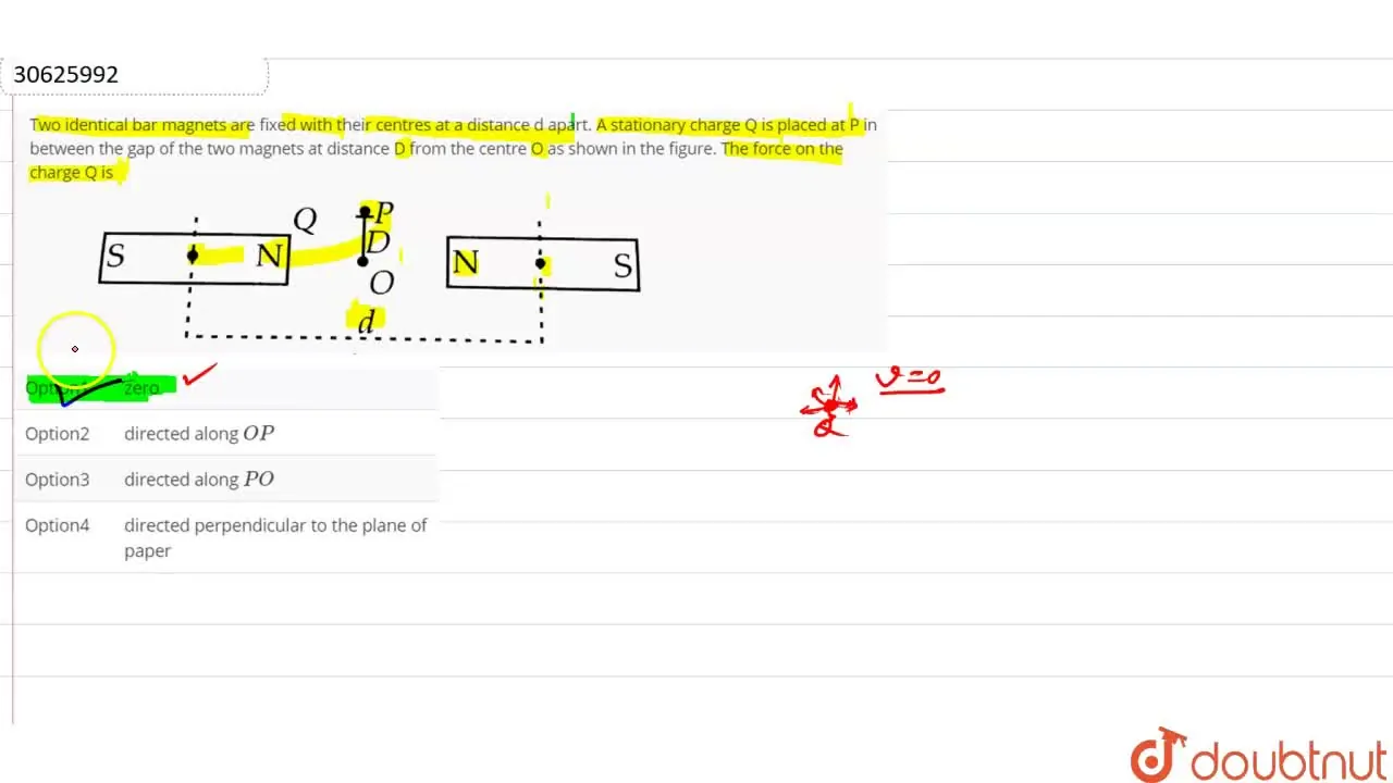 Two identical bar magnets are fixed with their centres at a distance d