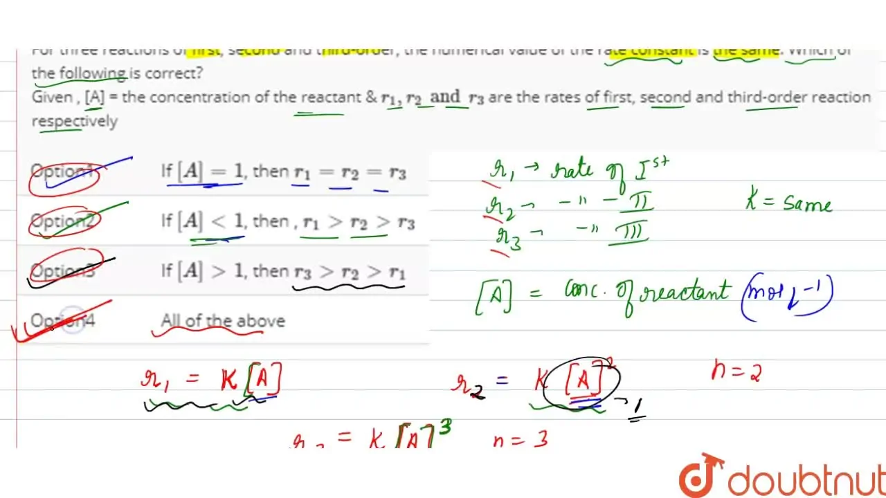 For three reactions of first, second and third-order, the numerical va