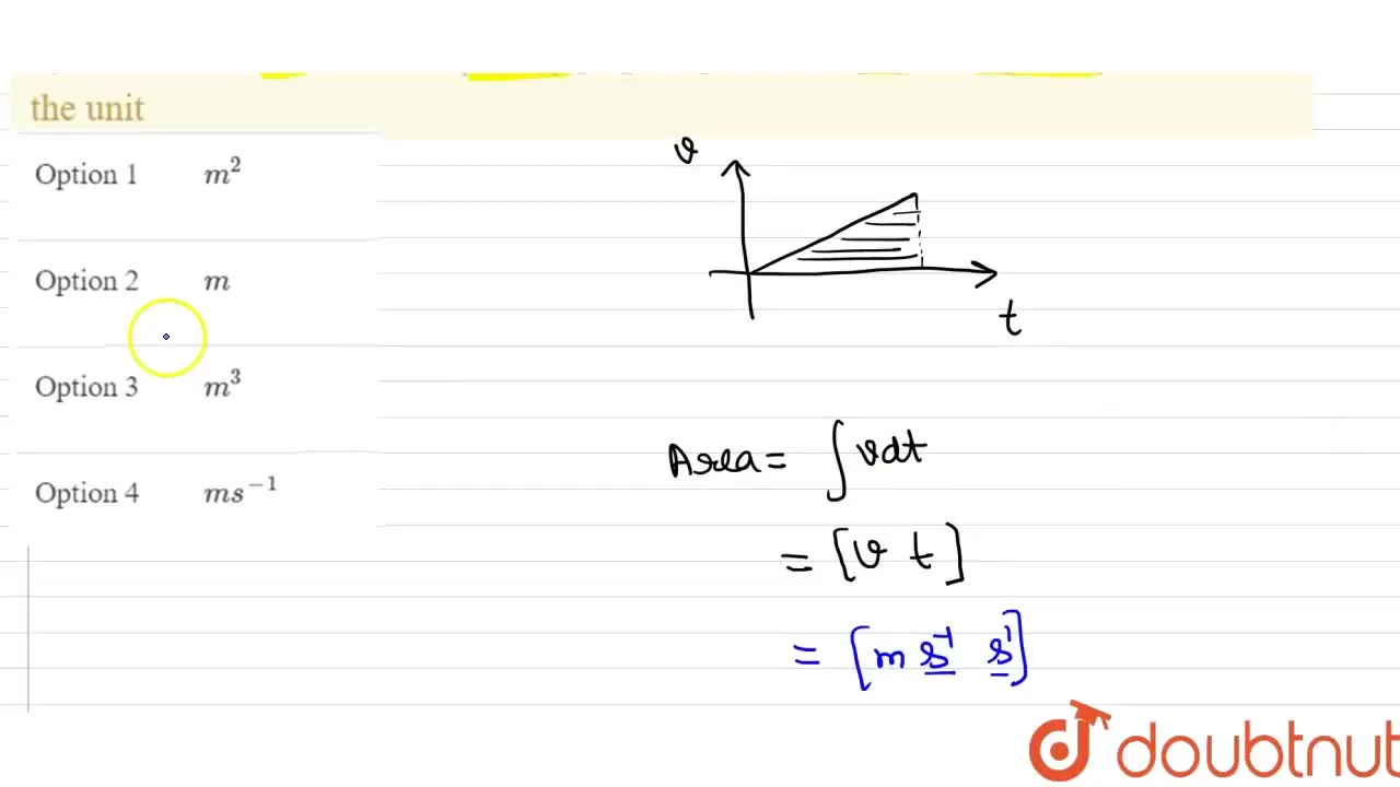Area under a =(v - t) graph represents a physical quantity which has t