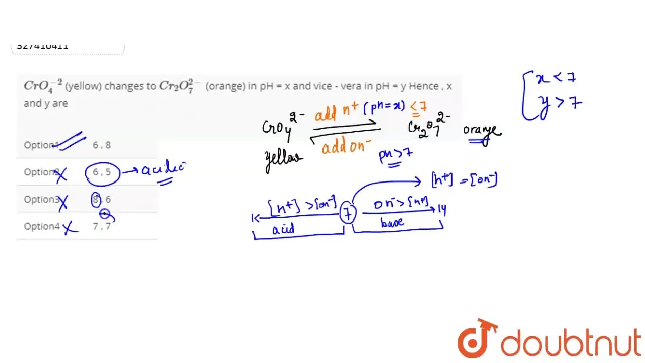 CrO4^(-2) (yellow) changes to Cr2O7^(2-) (orange) in pH = x and vice