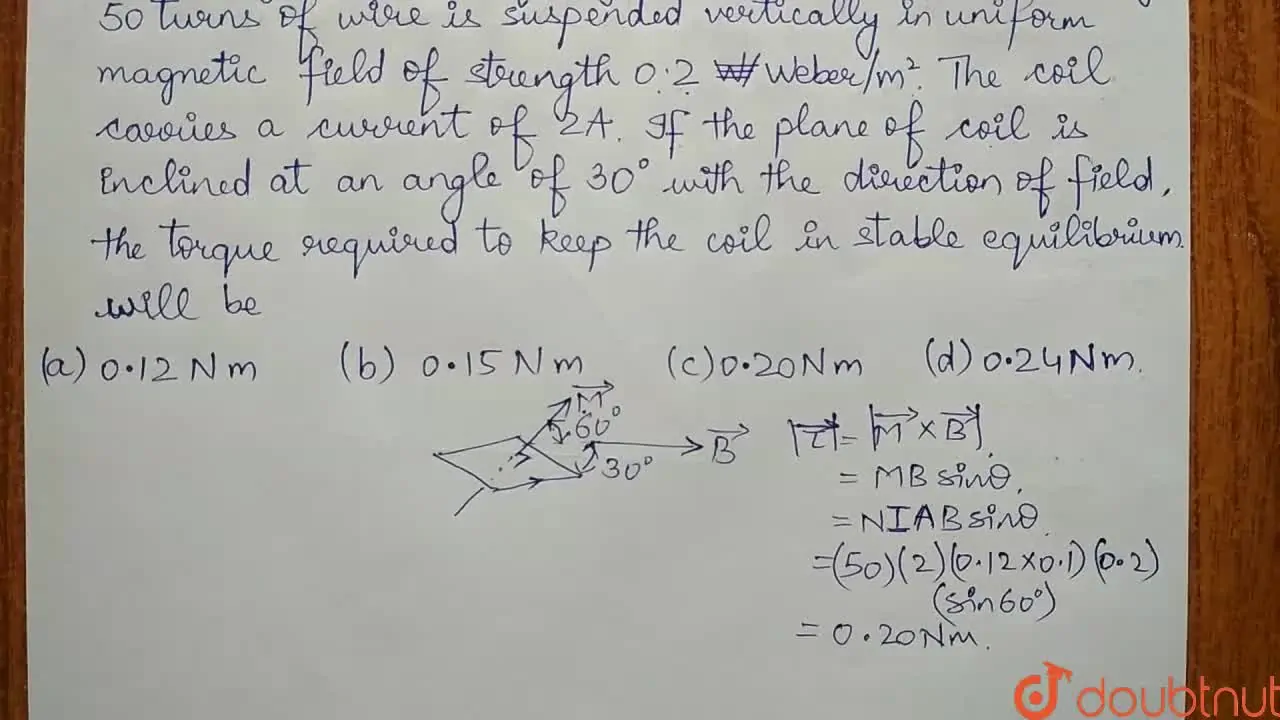 A rectangular coil of length 0.12 m and width 0.1 m having 50 turns