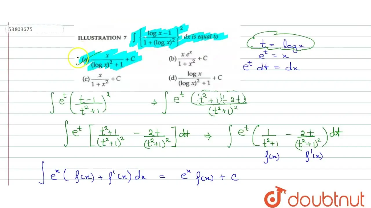 int{(logx-1)/(1+(logx)^(2))}^(2) dx is equal to