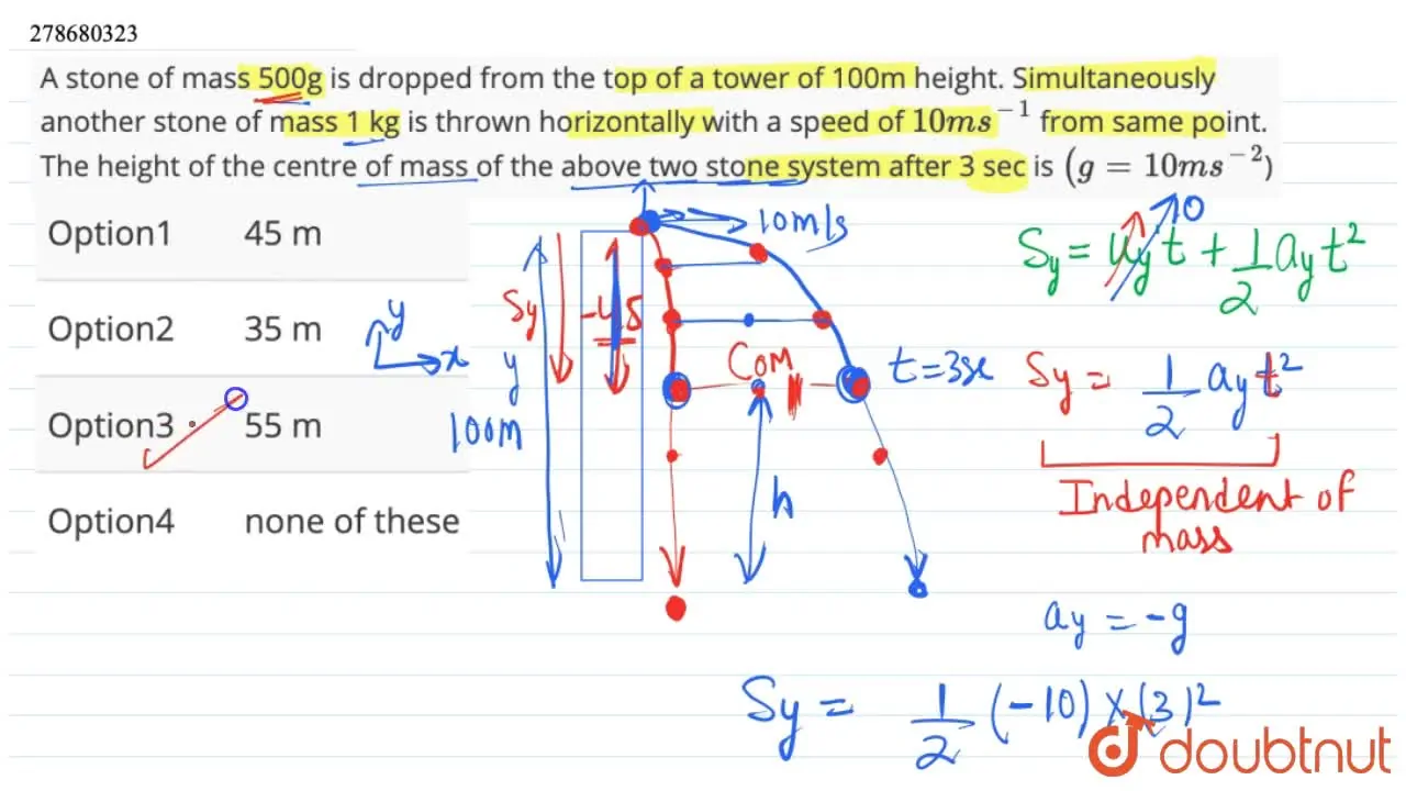A stone of mass 500g is dropped from the top of a tower of 100m height