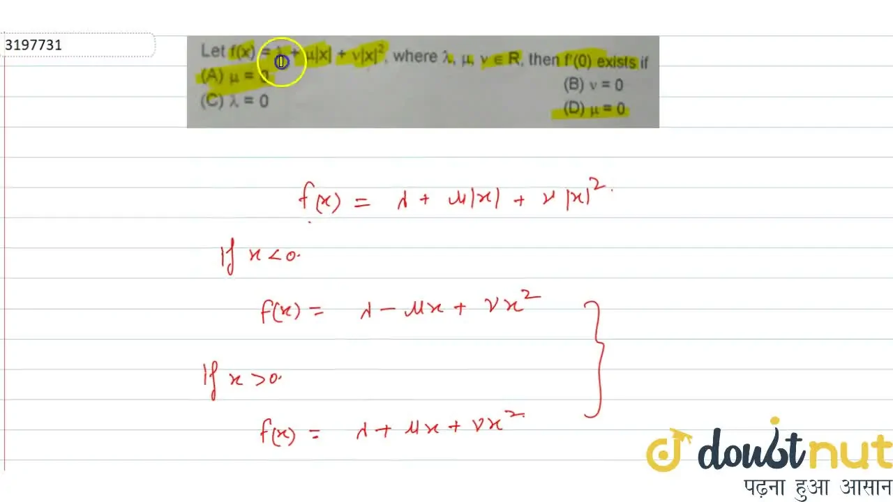 Let f(x) = lambda + mu|x|+nu|x|^2, where lambda,mu, nu in R, then f'(0