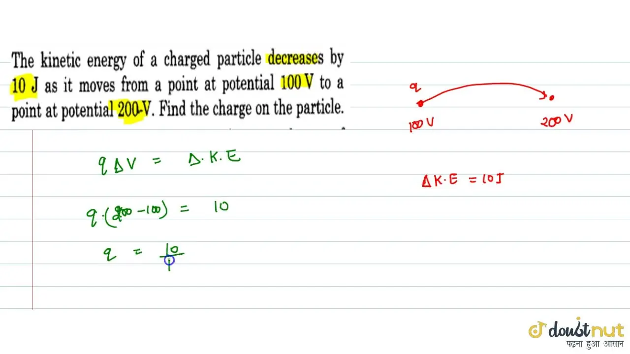 The kinetic energy of a charged particle decreased by 10 J as it moves