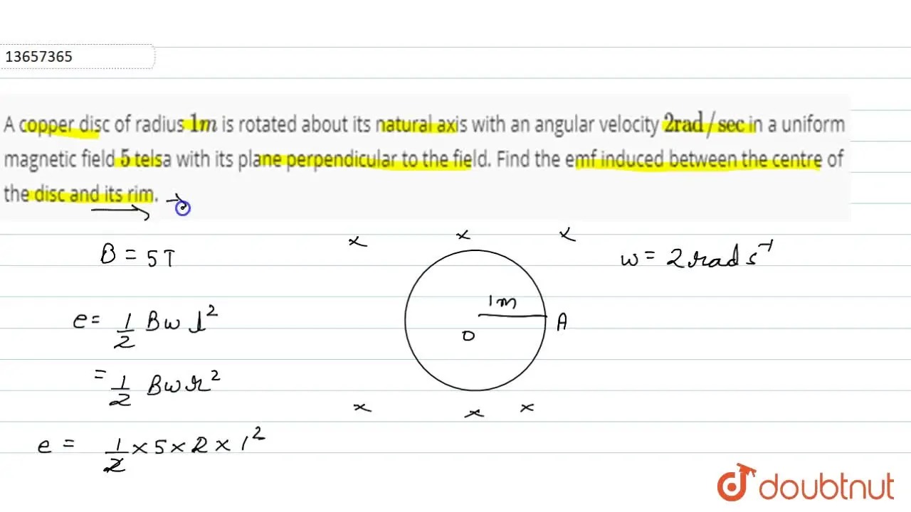 A copper disc of radius 1m is rotated about its natural axis with an a