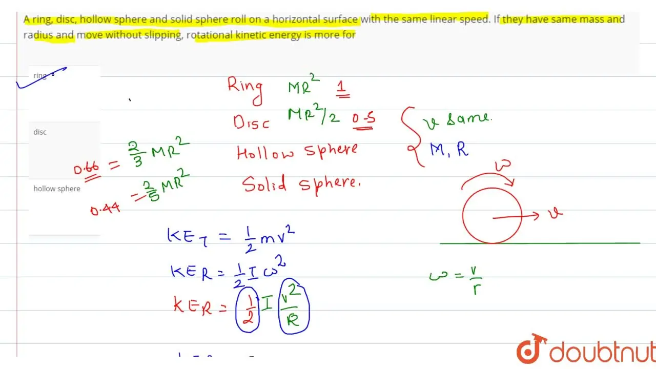 A ring, disc, hollow sphere and solid sphere roll on a horizontal surf