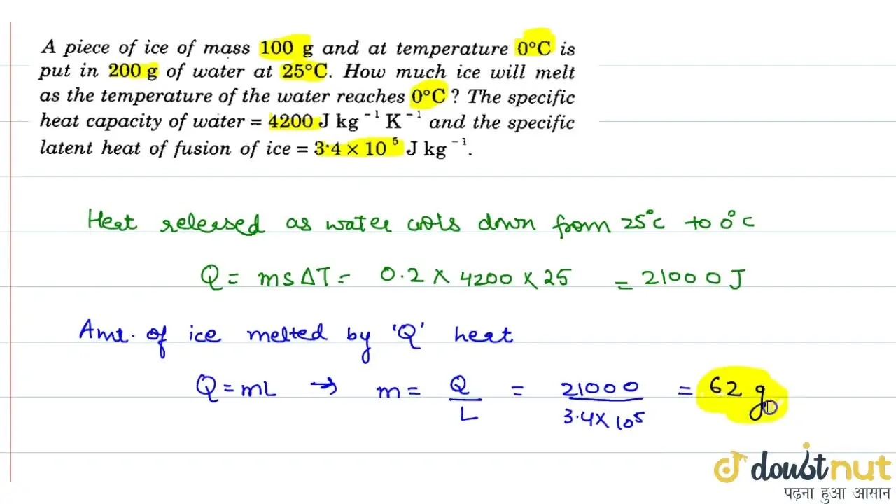 A piece of ice of mass of 100g and at temperature 0^(@)C is put in 200