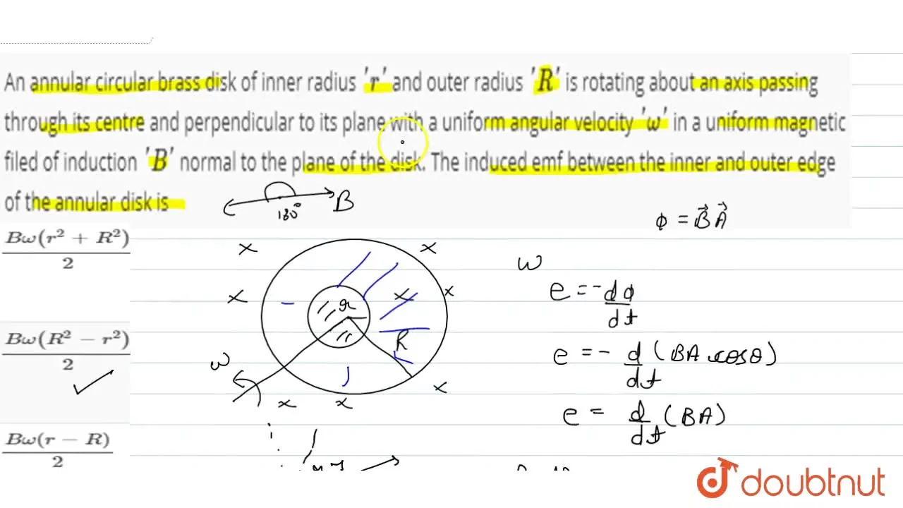 An annular circular brass disk of inner radius 'r' and outer radius 'R