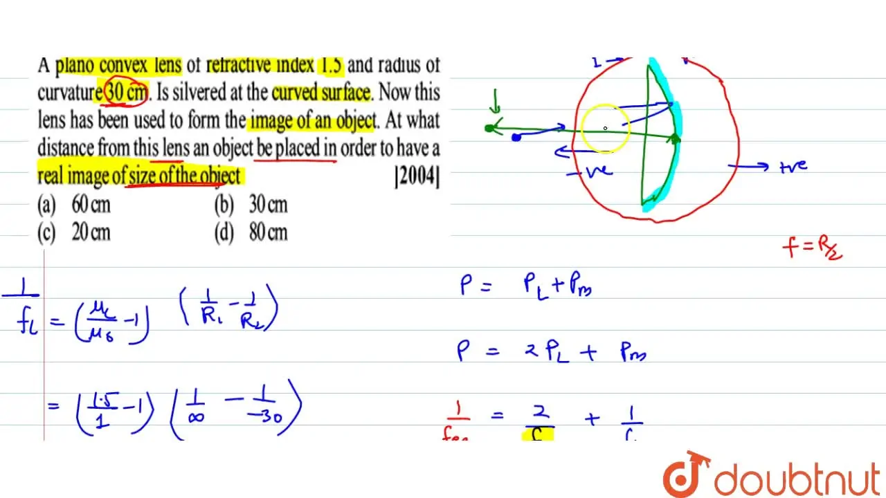 A plano convex lens of refractive index 1.5 and radius of curvature 30