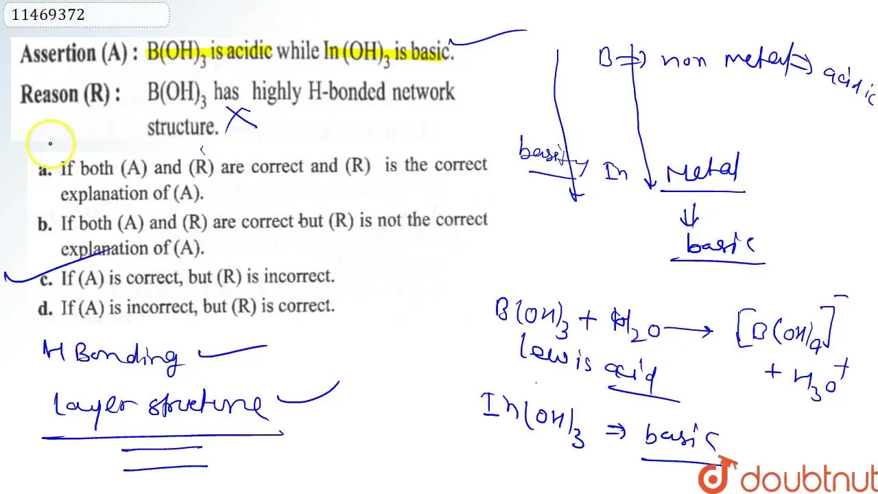 B(OH)(3) is acidic while In(OH)(3) is basic. B(OH)(3) has highly H-b