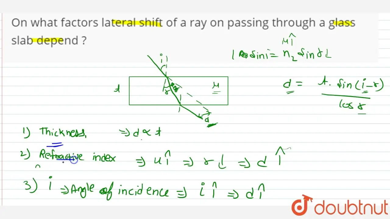 On what factors lateral shift of a ray on passing through a glass slab