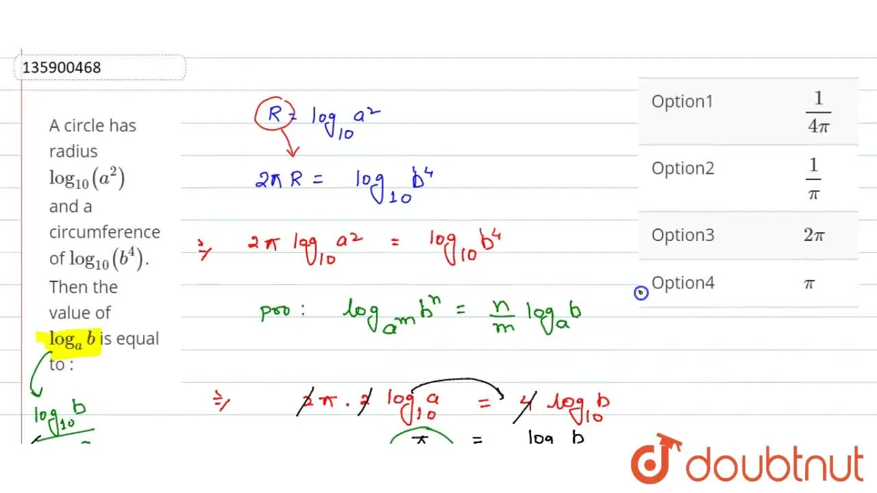 A circle has radius log(10)(a^(2)) and a circumference of log(10)(b^(4