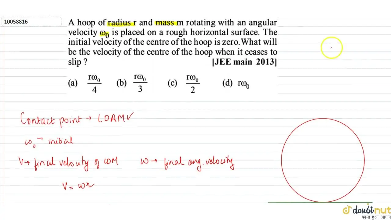A hoop of radius r and mass m rotating with an angular velocity omega0