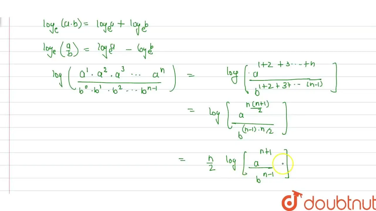 श्रेणी log(e )a+log(e )(a^(2))/(b)+log(a^(3))/(b^(2))+.... के प्रथम n