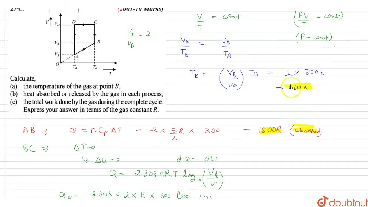 A monoatomic ideal gas of two moles is taken through a cyclic process
