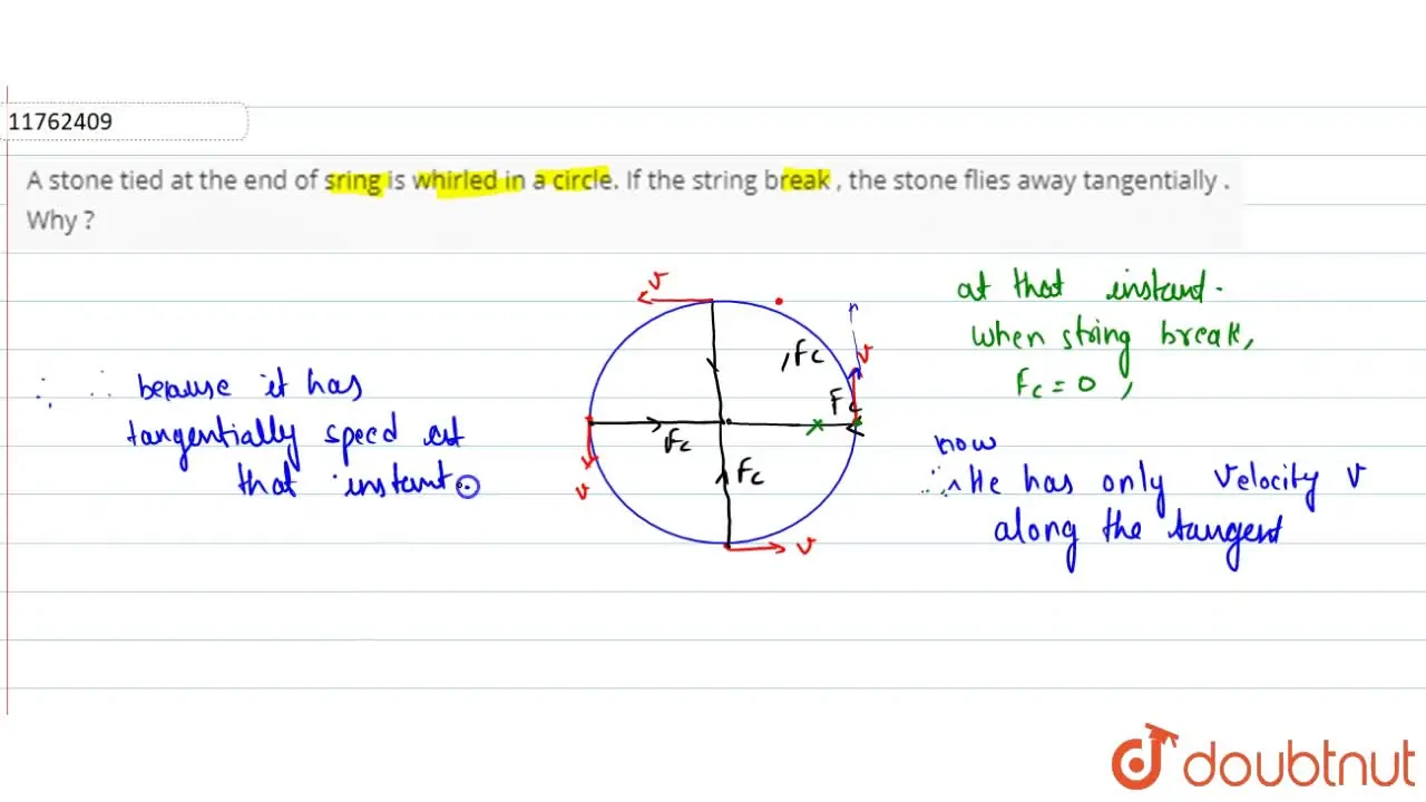 A stone tied at the end of sring is whirled in a circle. If the string