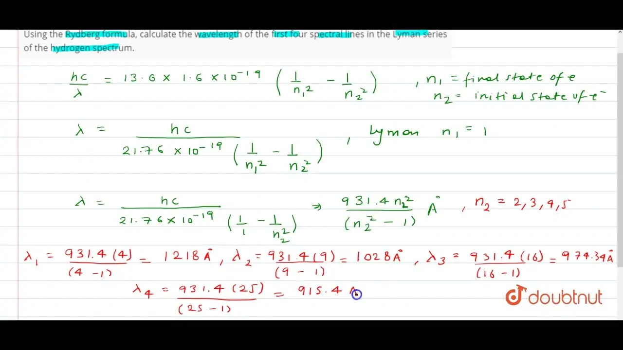 Using the Rydberg formula, calculate the wavelength of the first four