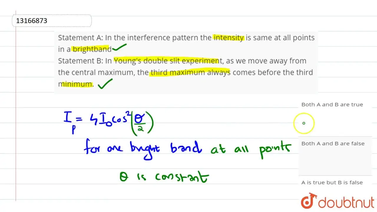 Statement A: In the interference pattern the intensity is same at all